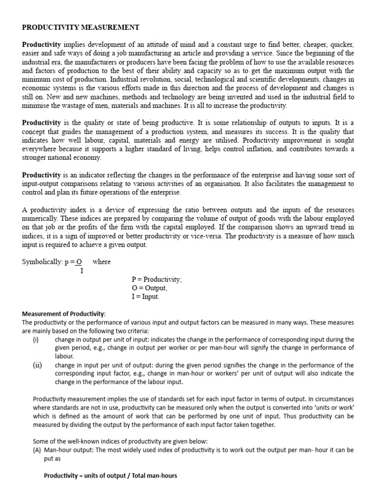 Productivity Measurement Pdf Factors Of Production Labour Economics