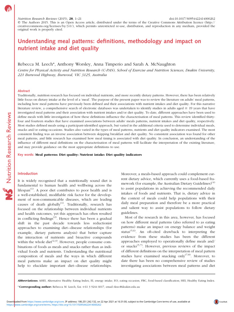 Understanding Meal Patterns Definitions Methodology and Impact On Nutrient Intake and Diet ...