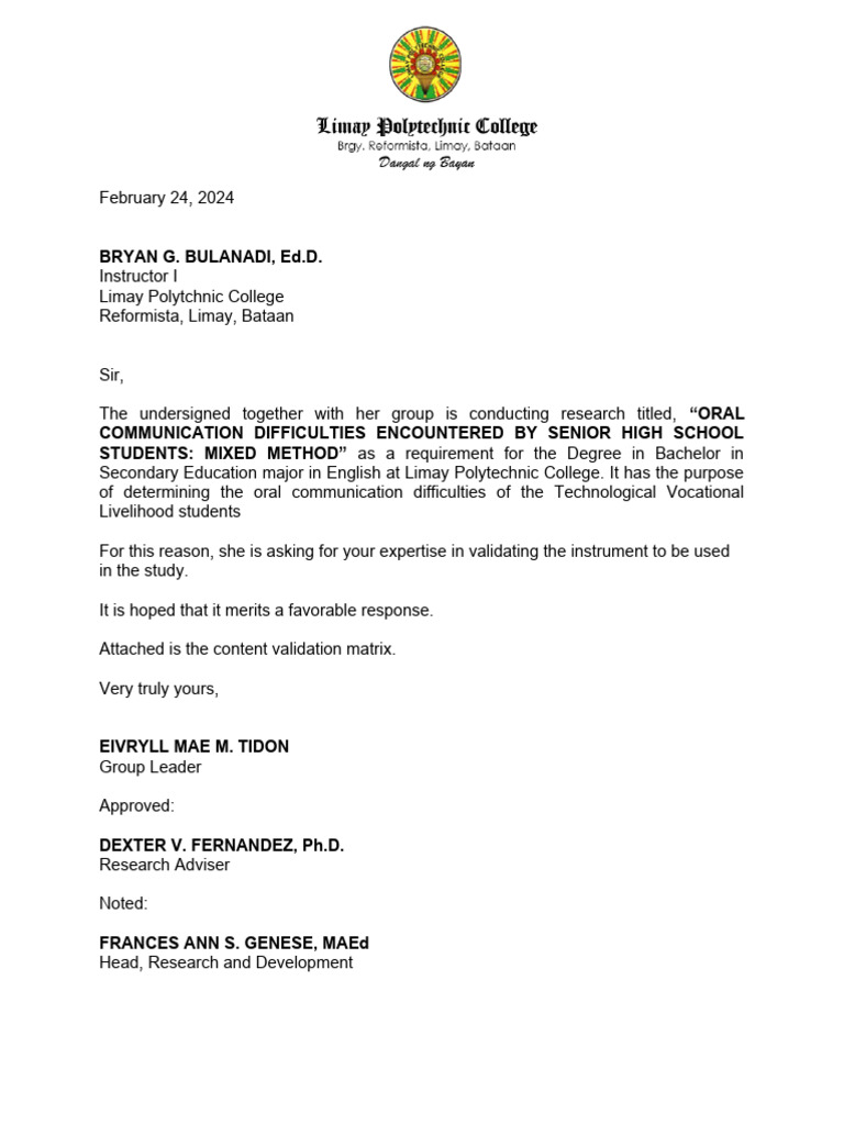 Edited Validation Letters and Validation Matrix | PDF | Vocabulary | Anxiety