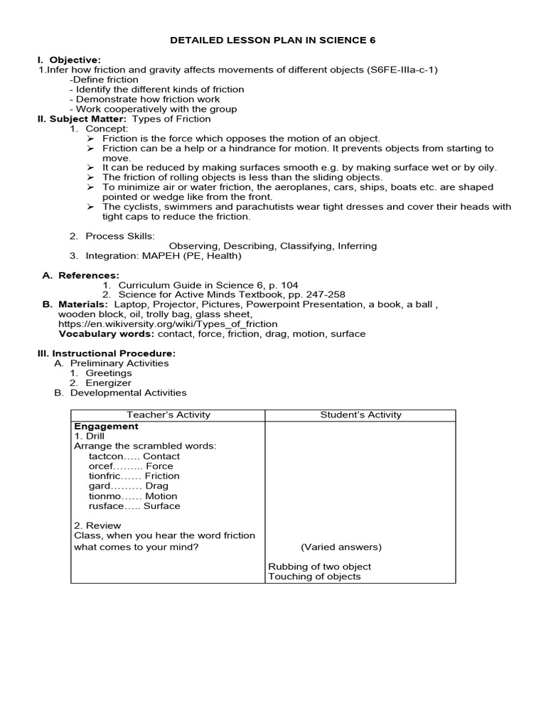 Lesson Plan Cot1 (Final) | PDF | Friction | Force