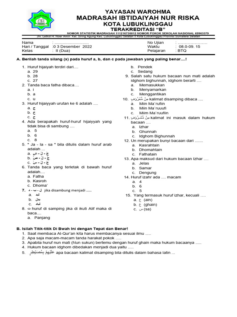 Soal BTA Kelas 2 | PDF
