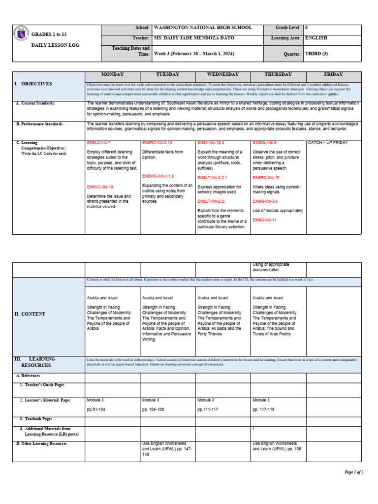 DLL ENG8 3RDQ Week3 1 | PDF | Learning | Teachers