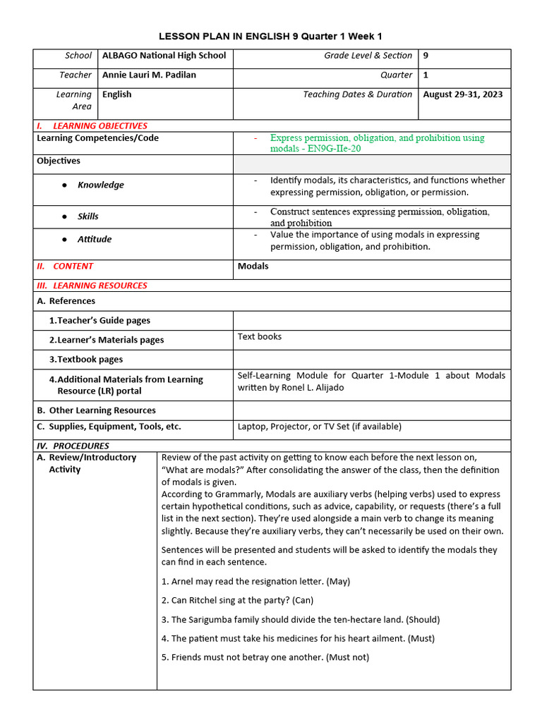 English 9 Lesson Plan: Modals | PDF | Learning | Modal Logic