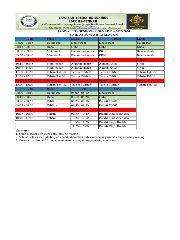 Jadwal Pts Semester Genap T.A 2023-2024 SD Ik As-Sunnah Rev 2 | PDF