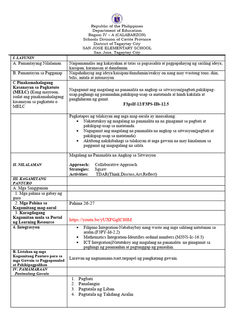 Detailed-Lesson-Plan-In-Filipino 3-Idea-Format | PDF