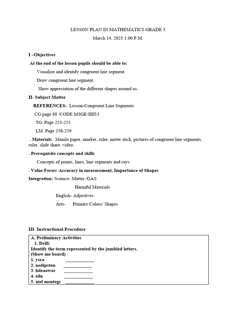 Detailed Lesson Plan in Mathematics Grade 3 Congruent Line Segments ...