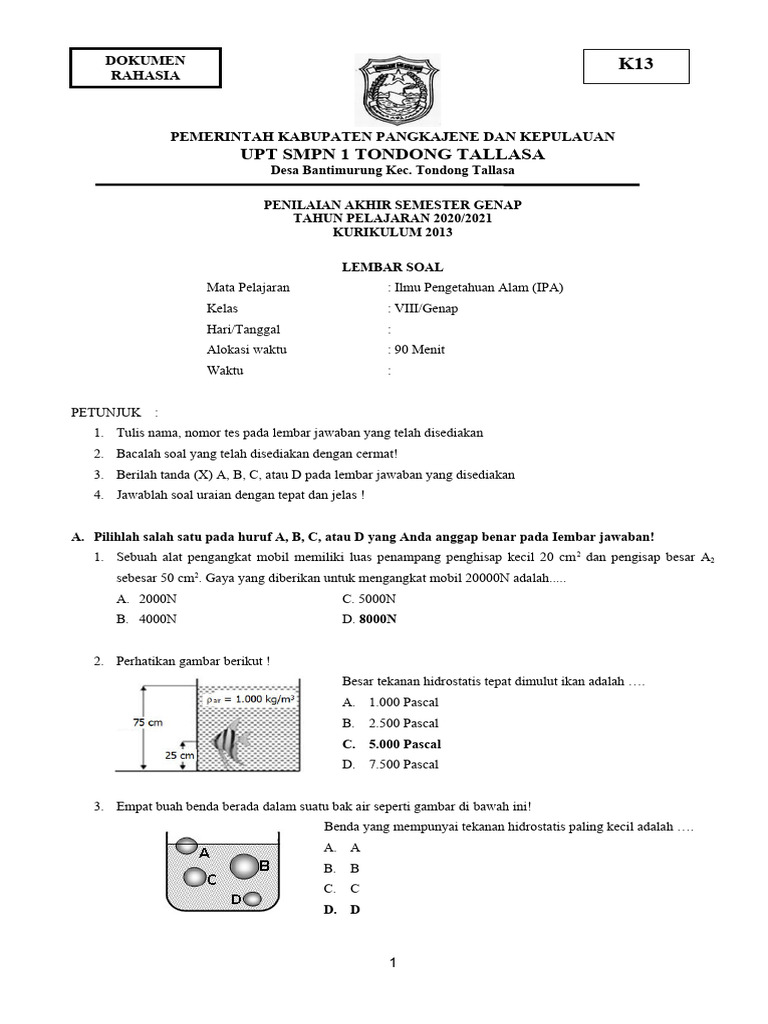 Soal Ipa Kelas 8 Uas K13 Genap 2020 2021 | PDF