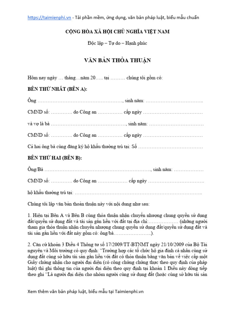Mau Van Ban Thoa Thuan Mua Ban Dat | PDF