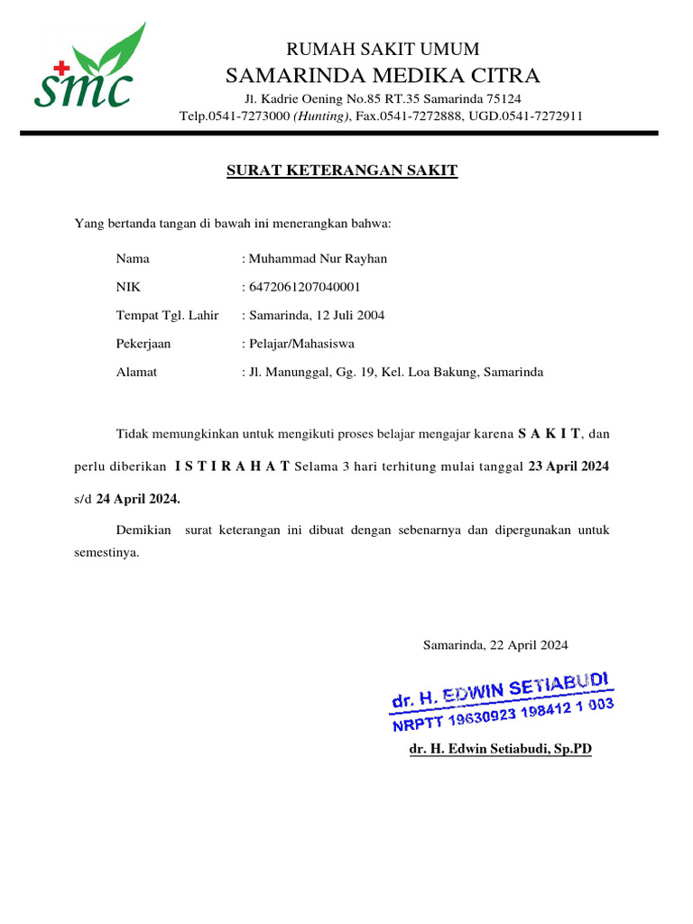 Surat Keterangan Sakit SMC Samarinda | PDF