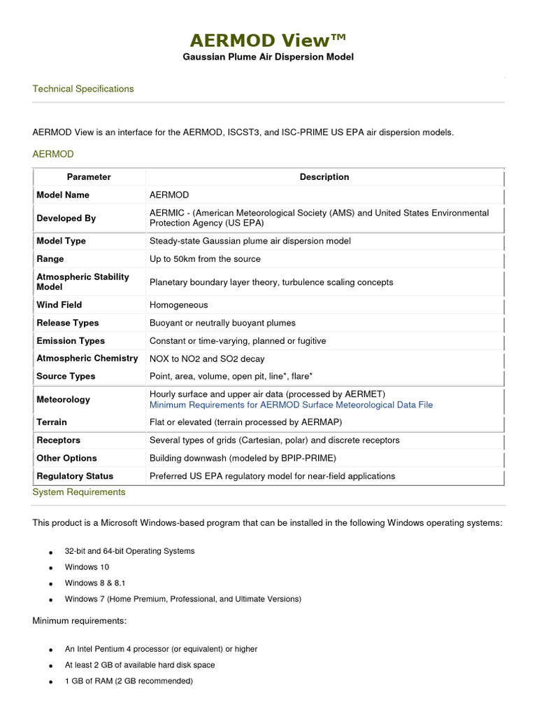 Aermod View Calpuff View Technines Specifikacijos | PDF | Microsoft Windows | X86 Architecture