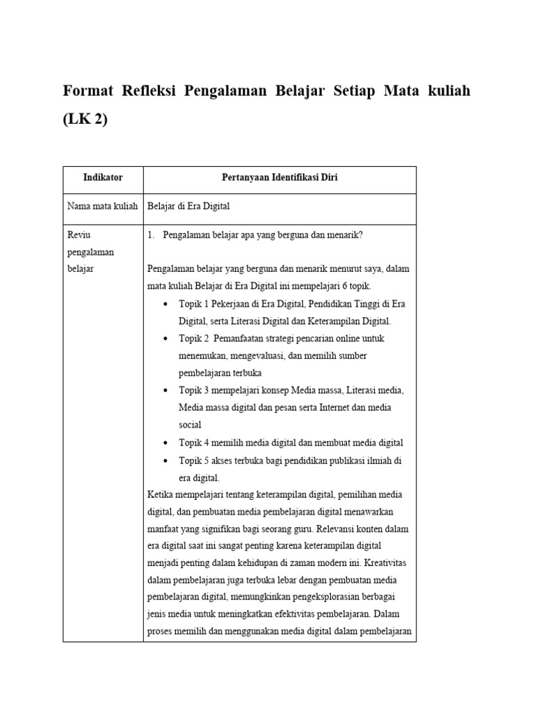 LK2-Format Refleksi | PDF | Karier & Perkembangan | Seni