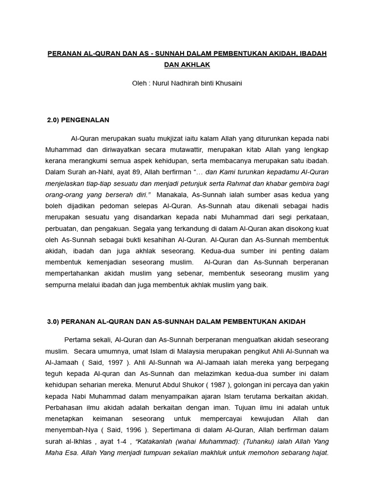 Peranan Al Quran Dan As Sunnah Dalam Pembentukan Akidah, Ibadah | PDF