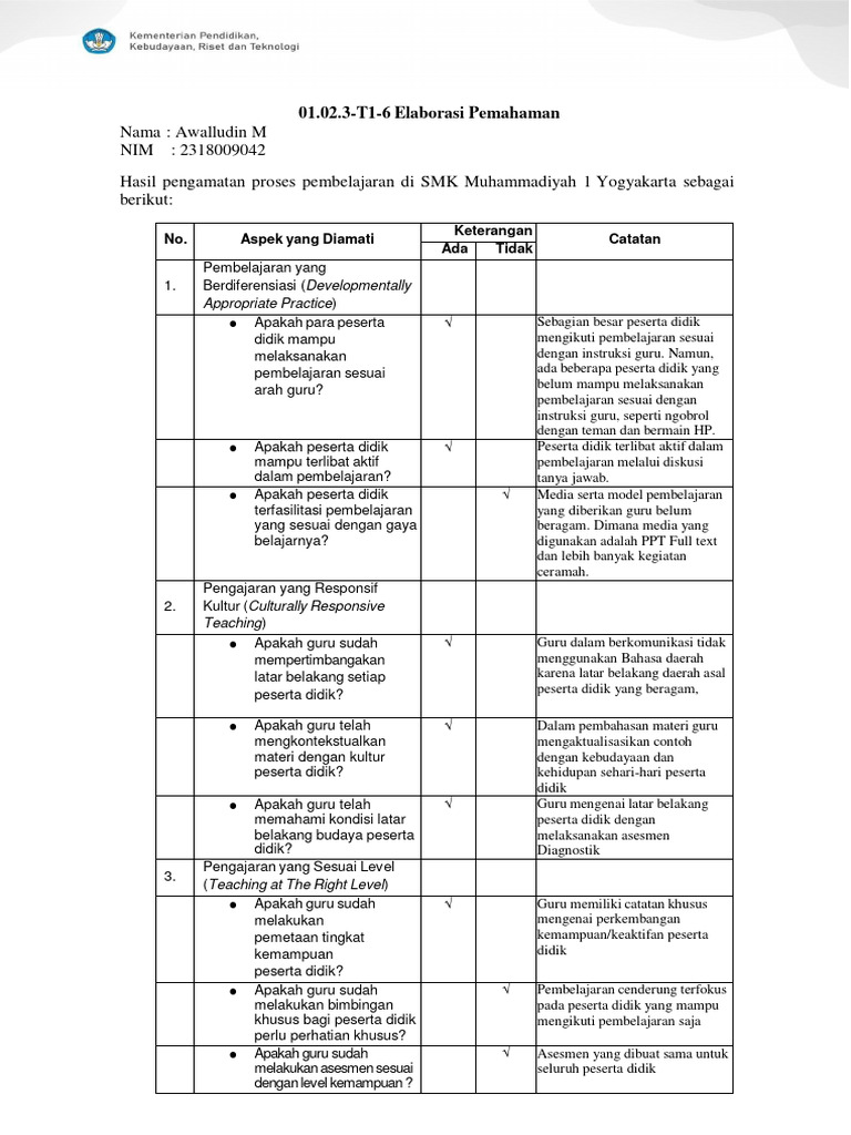 01.02.3-T1-6 Elaborasi Pemahaman Peserta Didik - Awalludin Fix | PDF