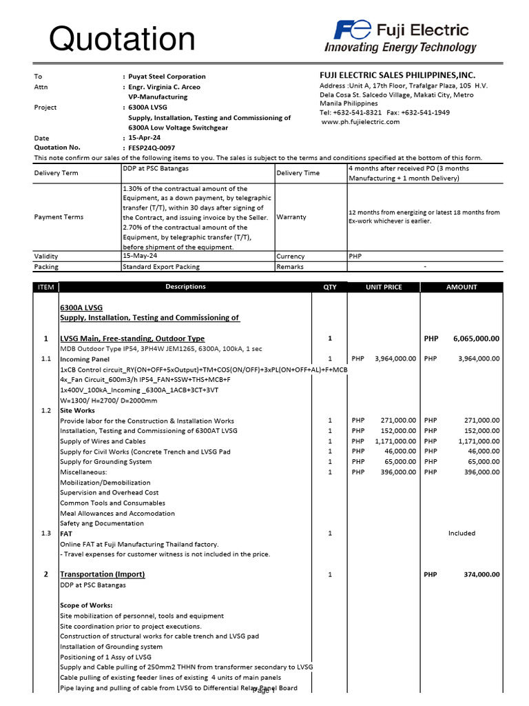 6300A LVSG Supply & Installation Quote | PDF | Manufactured Goods ...