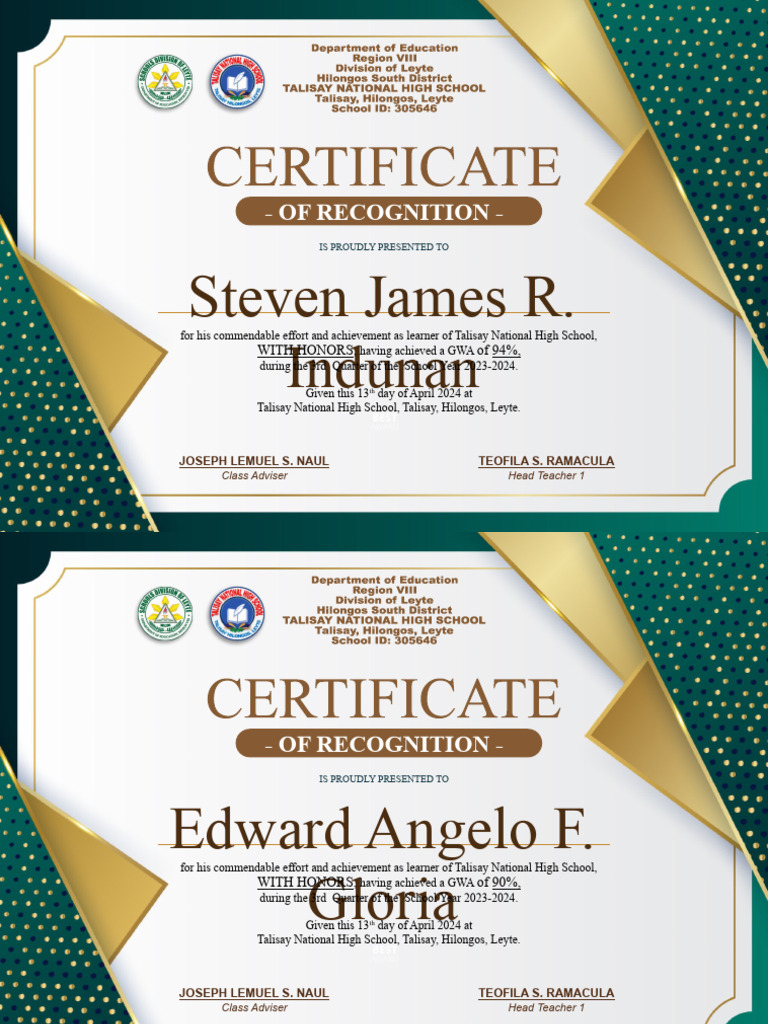 Q3 Certificates of Recognition For With Honors Grade 8 Cattleya SY 2023 ...