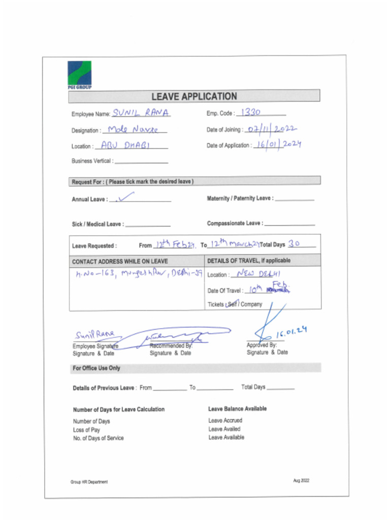 Sunil (Nurse) - Leave Application | PDF