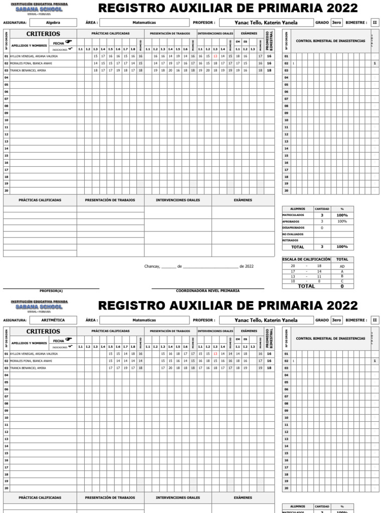 Formato de Registro Auxiliar - II Bimestre 2022 3ero de Primaria MATE E HISTORIA | PDF