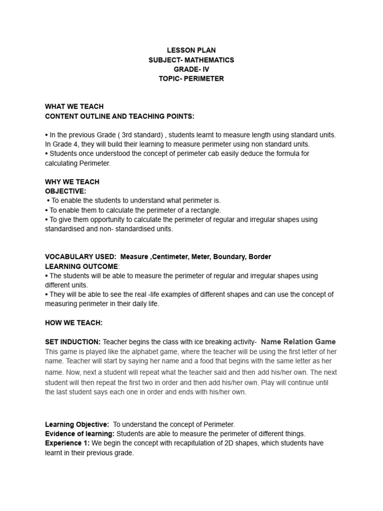 LESSON PLAN PERIMETER GR 4 | Download Free PDF | Lesson Plan | Learning