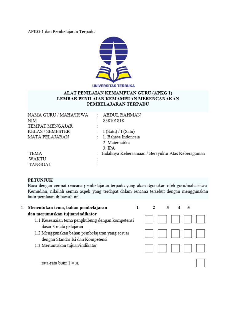 T.2 (APKG 1 Dan 2 Pembelajaran Terpadu) | PDF