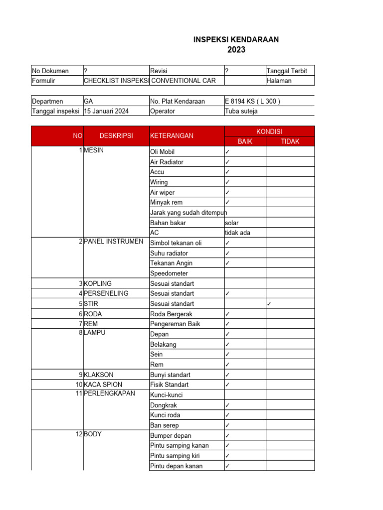 Checklist Inspeksi L300 oleh Halim | PDF