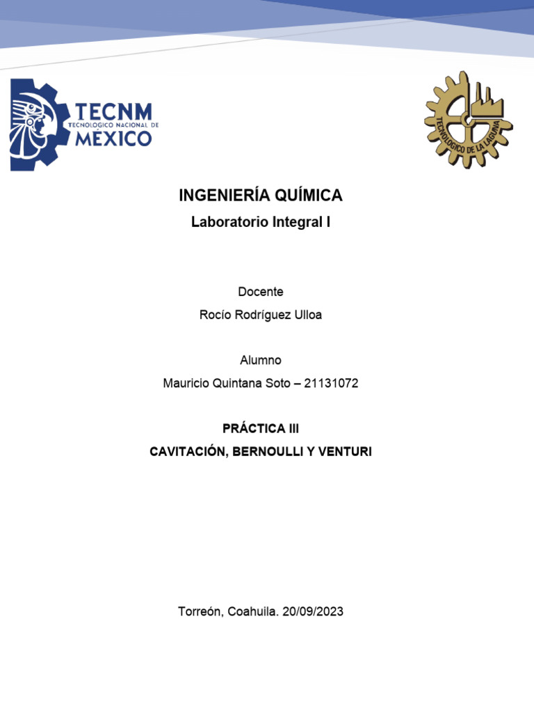 Práctica III. Cavitación, Bernoulli y Venturi - LII | PDF | Mecánica | Fases de la materia
