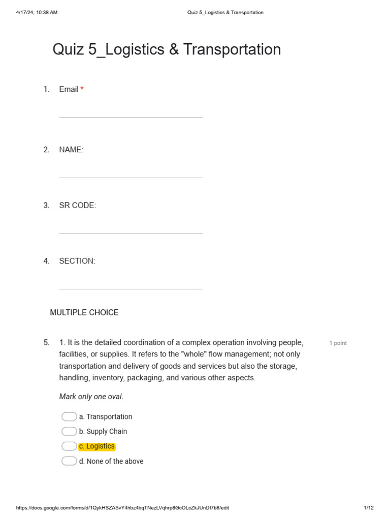 Quiz 5 Logistics Transportation | PDF | Cargo | Logistics