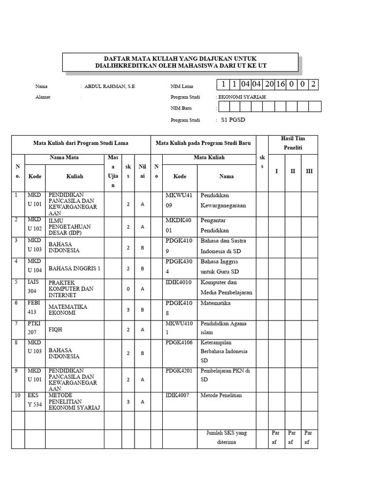 Form Daftar MK Yang Diajukan ABDUL RAHMAN TERBARU | PDF