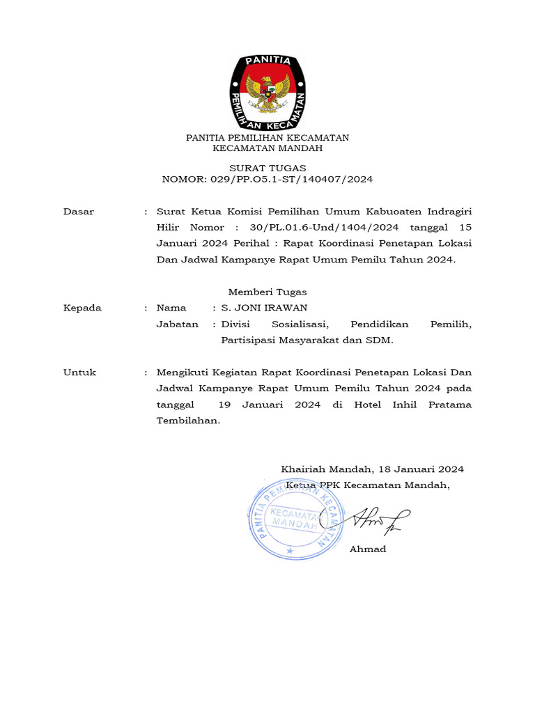 Surat Tugas PPK Kecamatan Mandah | PDF