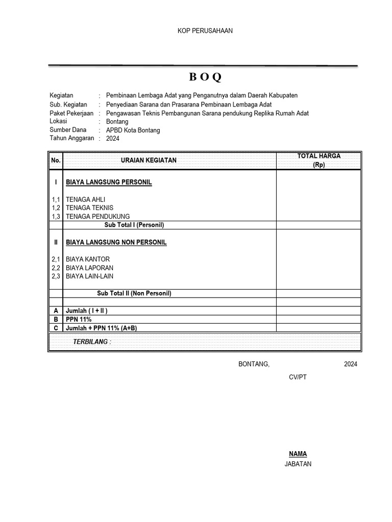 BOQ Rumah Adat | PDF