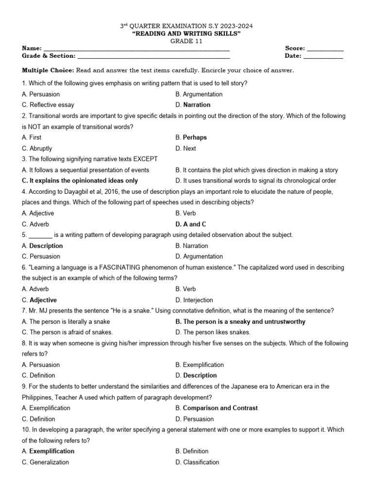 TQ With Answer Key | PDF | Essays | Word
