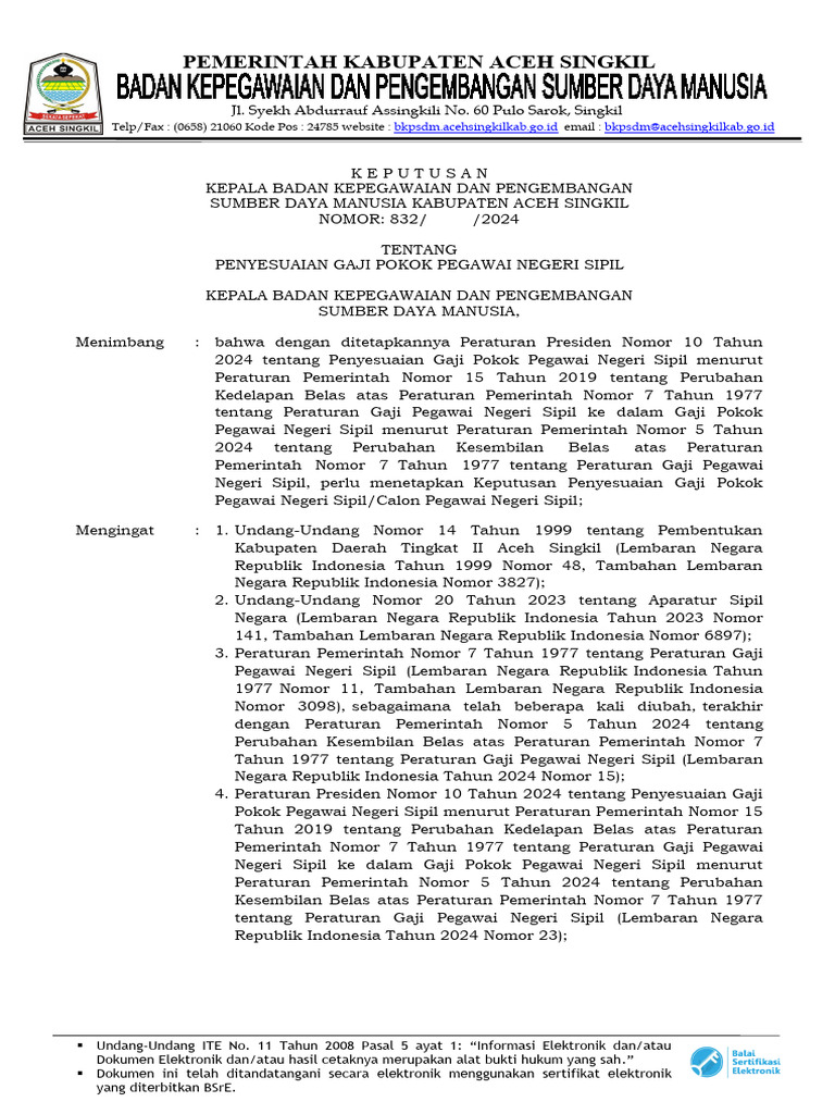 Penyesuaian Gaji PNS Aceh Singkil 2024 | PDF