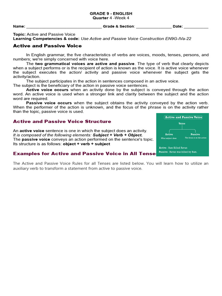G9 Q4 W4 ACTIVE AND PASSIVE VOICE Part1 | PDF | Verb | Subject (Grammar)