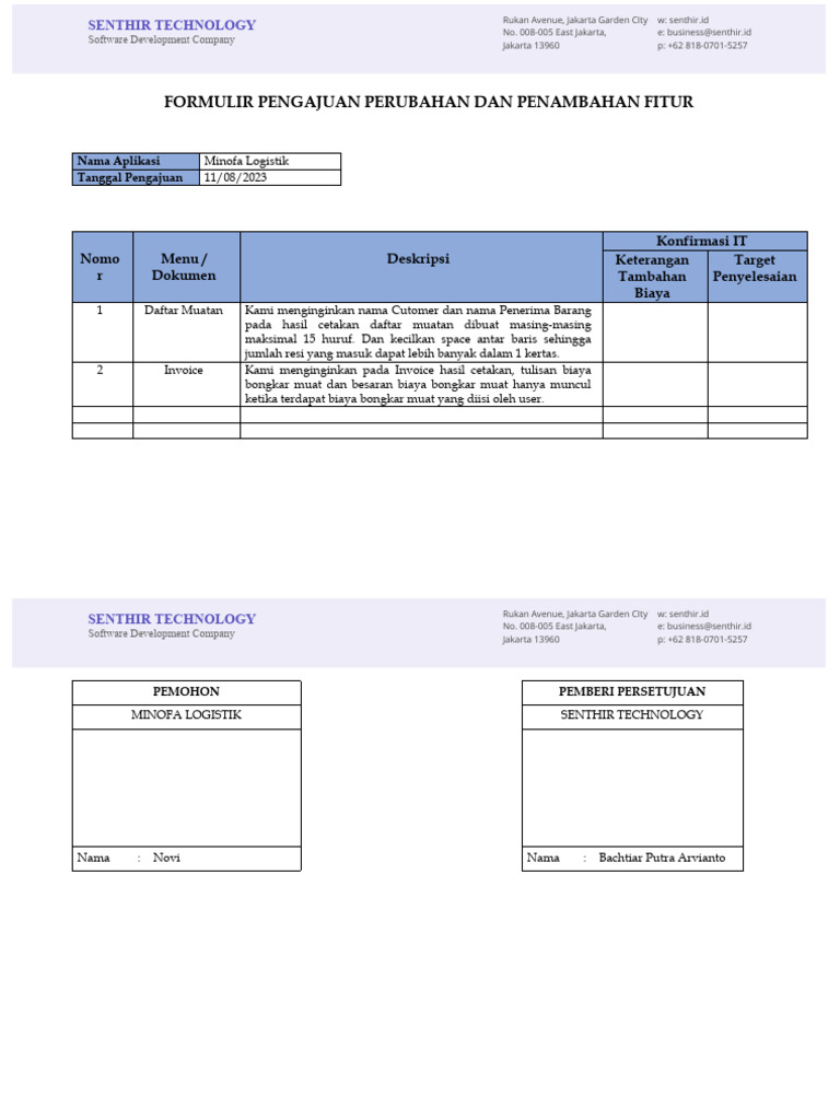 Formulir Pengajuan Perubahan Dan Penambahan Fitur | PDF