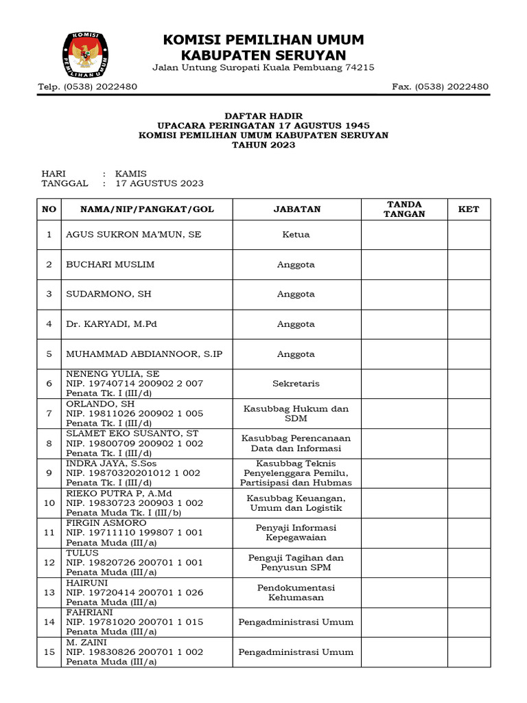Absen Upacara 17 Agustus 2023 | PDF