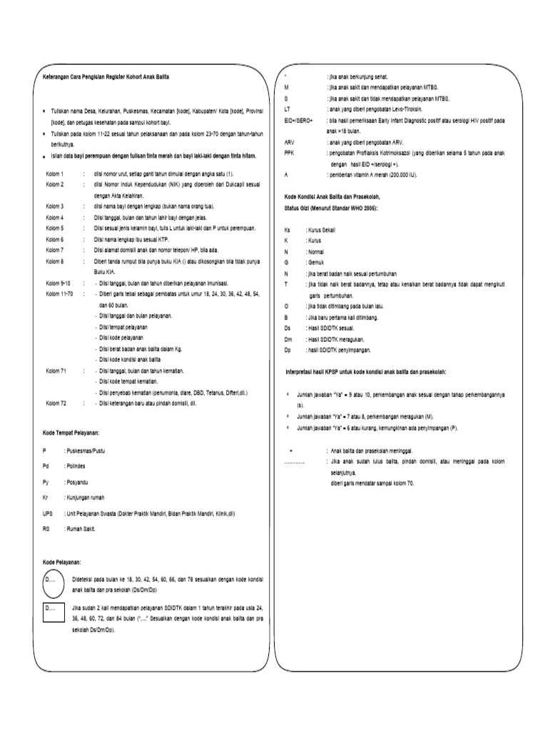 Keterangan Cara Pengisian Register Kohort Anak Balita Jawa | PDF