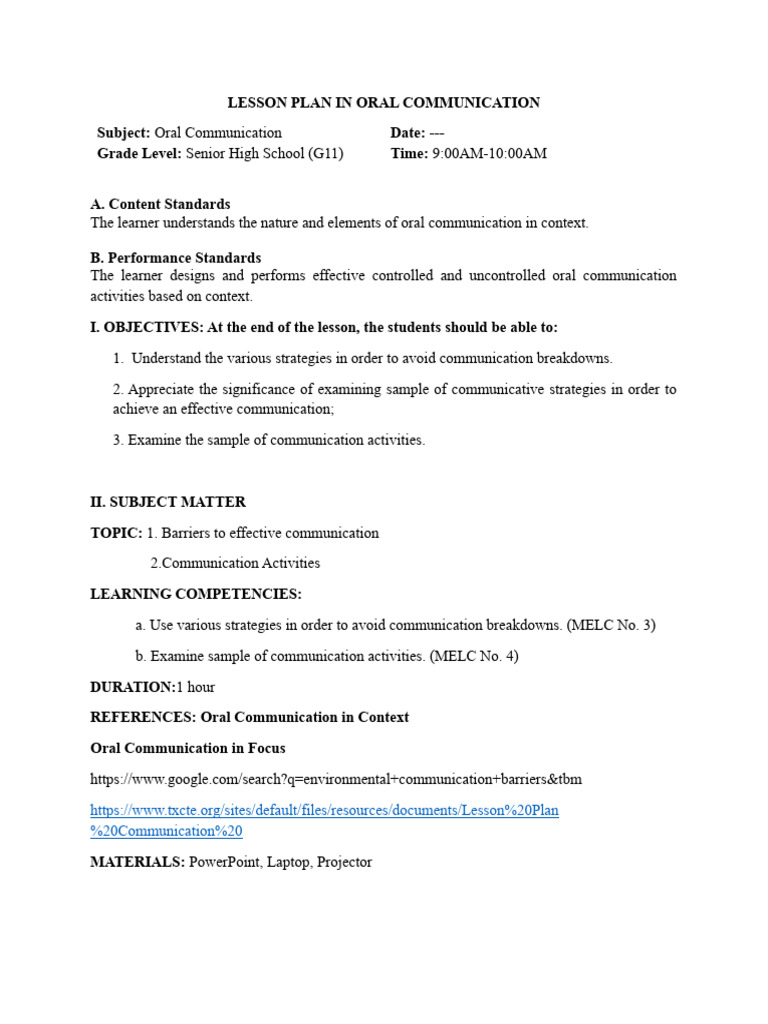 Oral Communication Lesson Plan G11 | PDF | Communication | Human ...