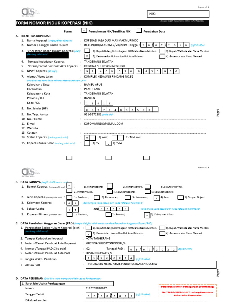 Form Profil Koperasi - Sertifikat NIK Rev.01 | PDF