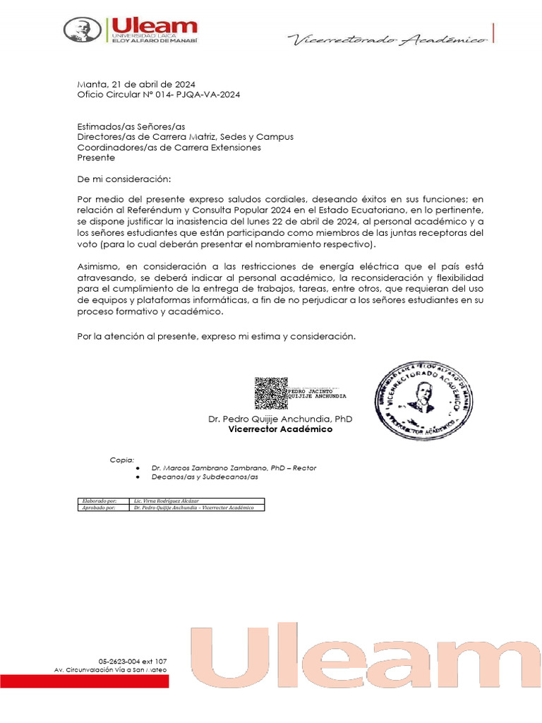 Oficio Circular 014 PJQA VA 2024 - JUSTIFICATIVOS CONSULTA POLPULAR 2024 Aaa-Signed | PDF