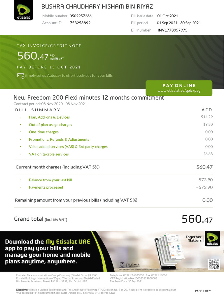 Etisalat Bill | PDF | Value Added Tax | United Arab Emirates