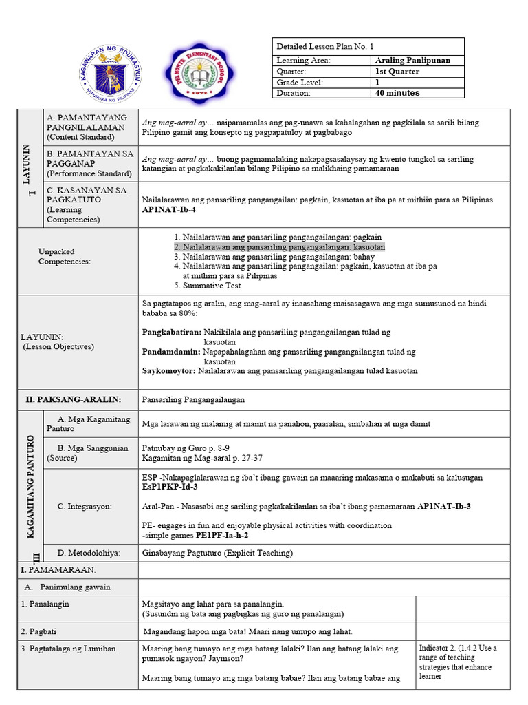 Grade 1 AP Q1 CO Lesson Plan | PDF