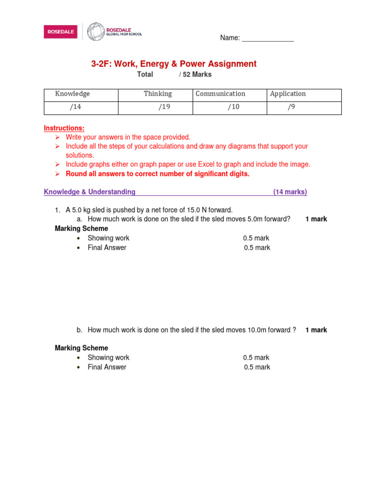 SPH3U 3-2F - WORK, ENERGY POWER ASSIGNMENT Updated | Download Free PDF | Force | Potential Energy