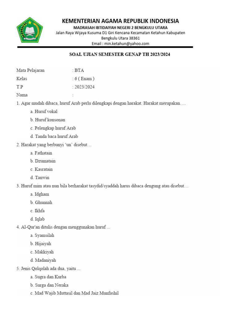 Soal Pas KLS 6 SMTR 2 Mapel Bta | PDF