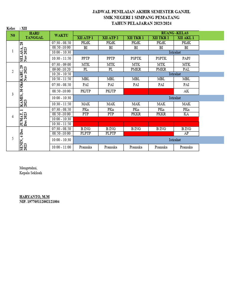 Jadwal Mapel, Pengawas PAS GANJIL 2023 | PDF