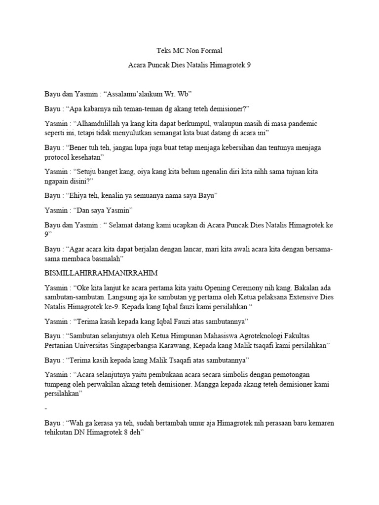 Teks MC Non Formal Acara Puncak DN Himagrotek 9 | PDF