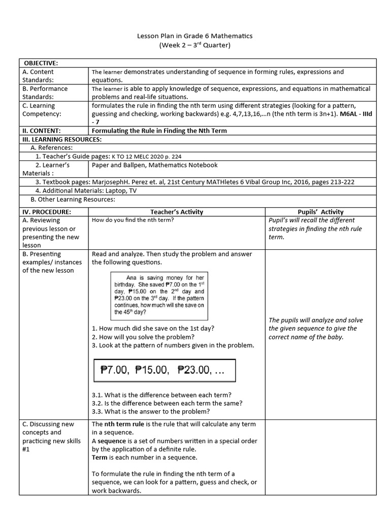 Lesson Plan in Math 6 (Week 2) Sequence Day 1 | PDF | Learning | Lesson ...