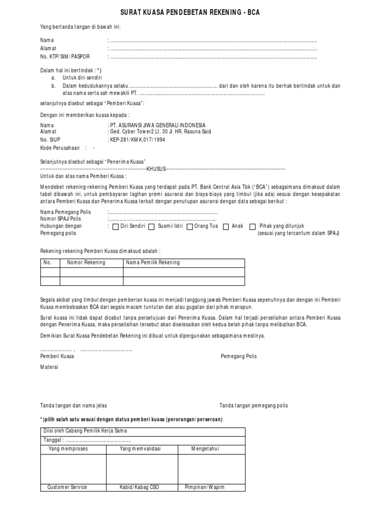 Surat Kuasa Pendebetan Rekening - versi BCA 3 | PDF