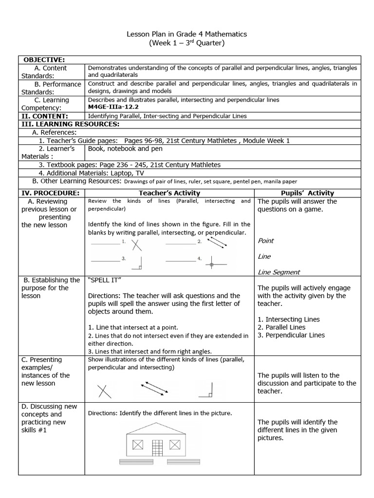Grade 4 - Week - Day 1 | PDF | Perpendicular | Teachers