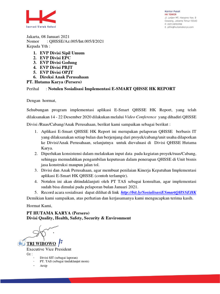 005 Surat Div QHSE Laporan Sosi Implementasi Smart Report QHSSE - R1 | PDF