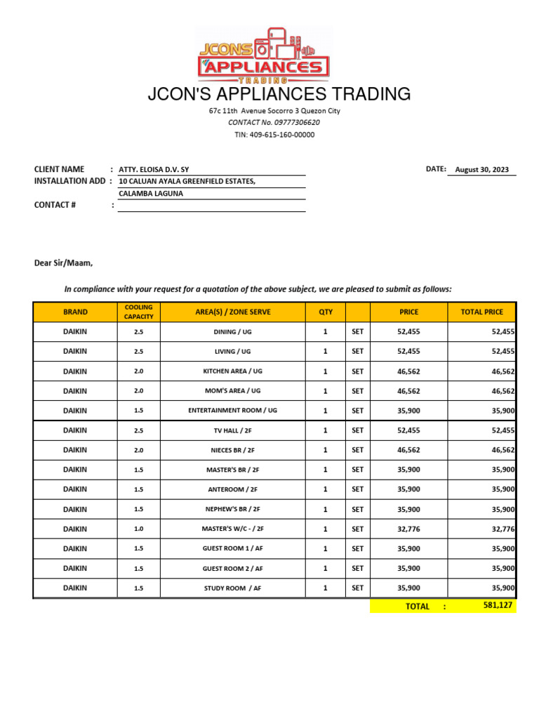 Sample Quotation For AC | PDF | Pipe (Fluid Conveyance) | Air Conditioning