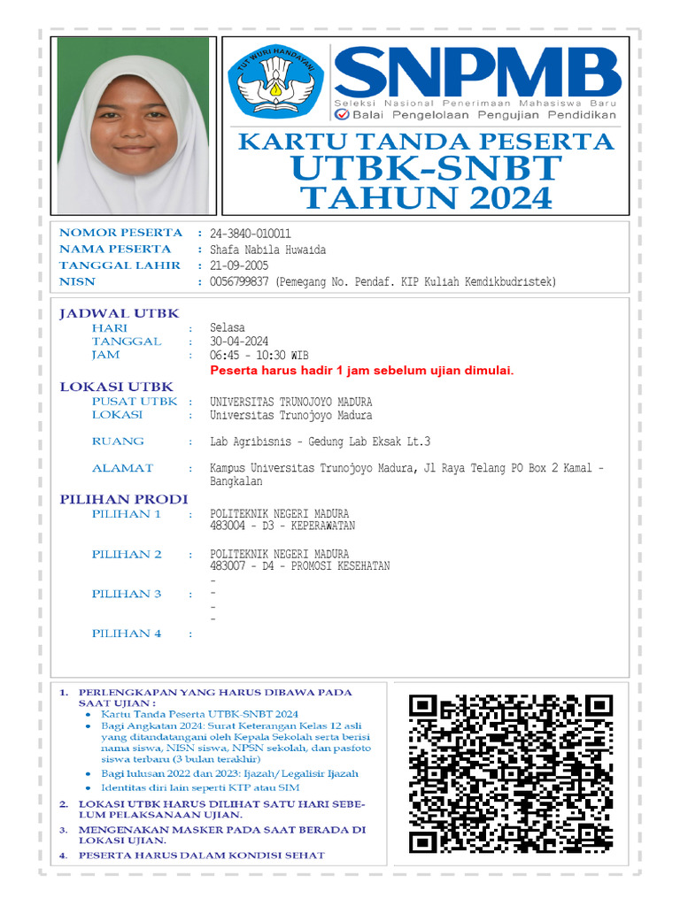 Kartu Peserta UTBK - 243840010011 | PDF